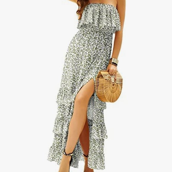 Hello Molly | Dresses | Hello Molly Leaves Floral Ruffle Strapless Maxi ...